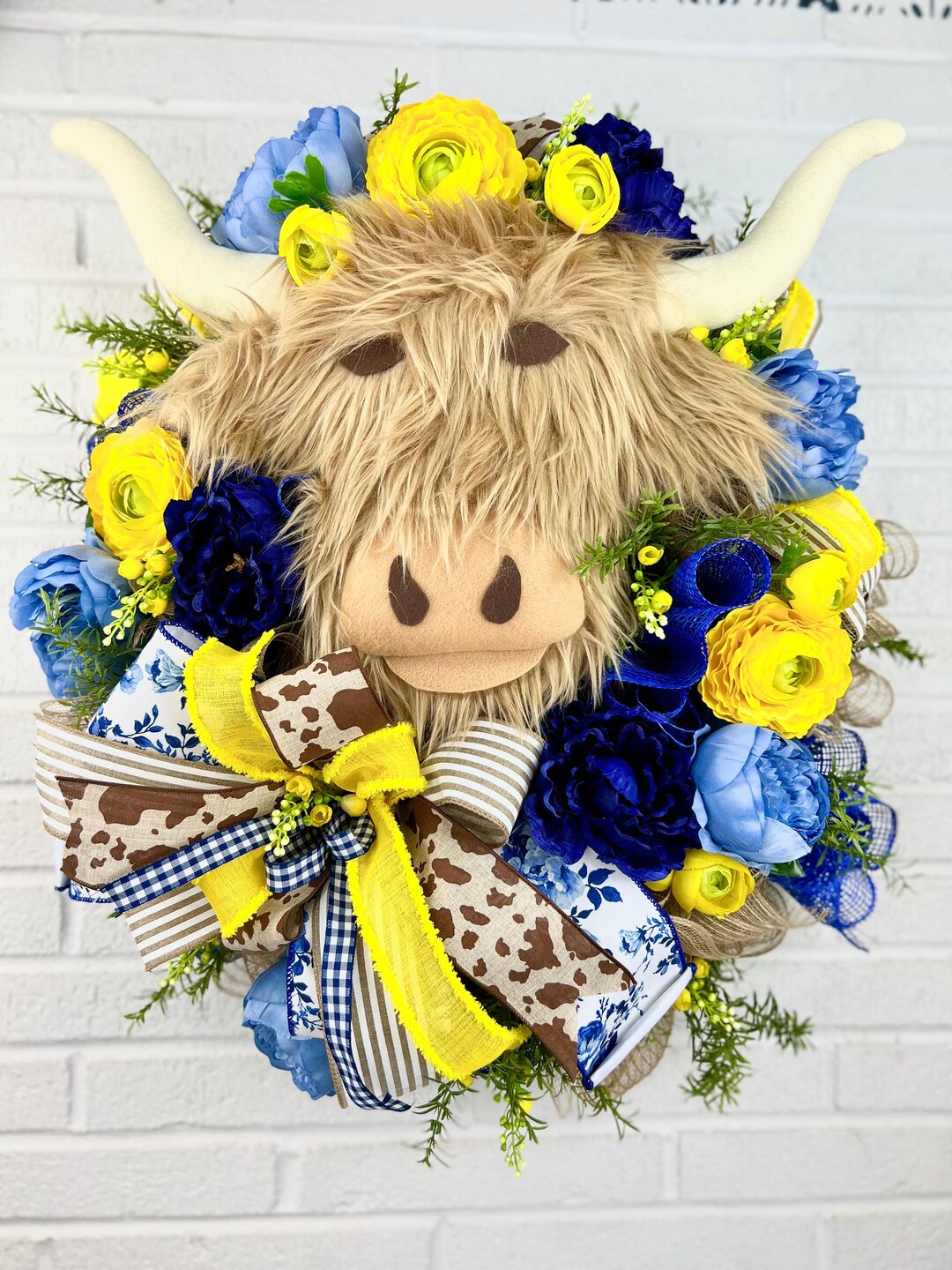 Cow Wreath, Highland Cow Wreath, Farmhouse Wreath, Blue and Yellow ...