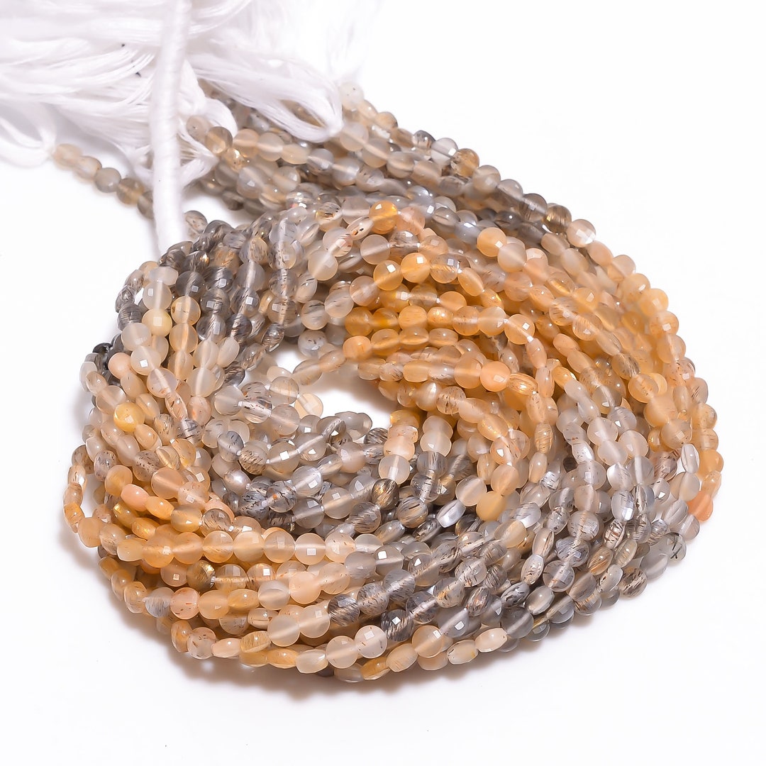 Multi Rutile Moonstone Gemstone Coin Shape Faceted Beads 4X4 Mm Strand ...