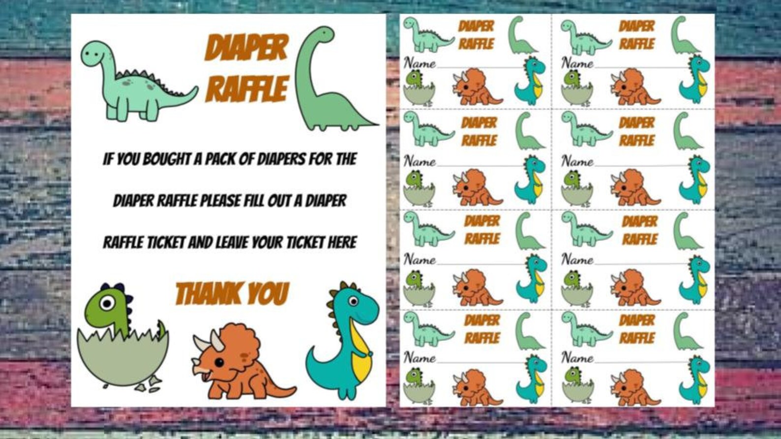 Dinosaur Diaper Raffle Sign and Cards, Baby Shower Diaper Raffle ...