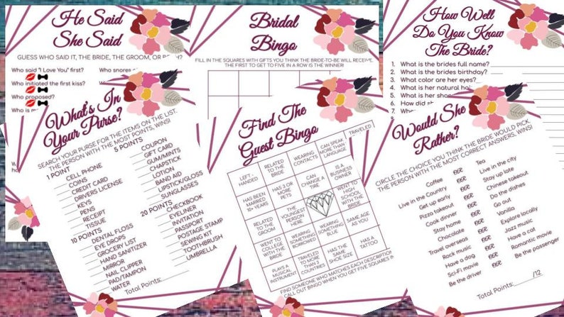 Purple Floral Bridal Shower Games Pack, Purple Floral Theme Bridal ...