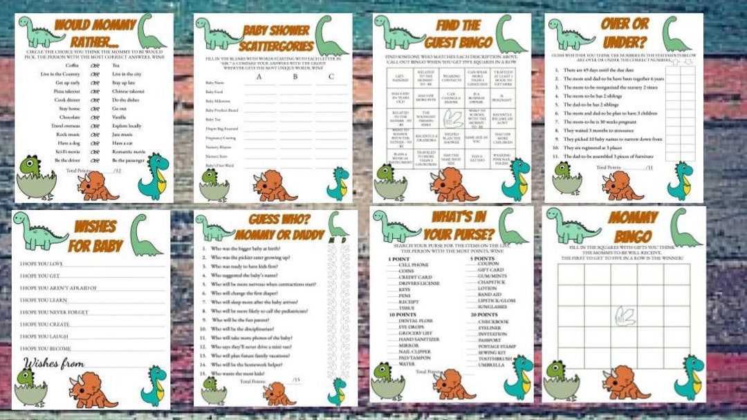 Dinosaur Theme Baby Shower Games 8 Pack, Dinosaur Baby Shower Games ...