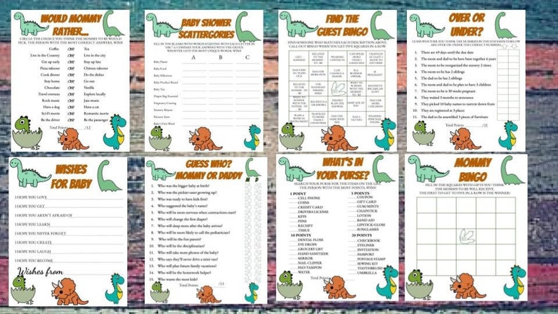 Dinosaur Theme Baby Shower Games 8 Pack, Dinosaur Baby Shower Games ...