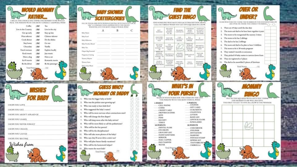 Dinosaur Theme Baby Shower Games 8 Pack, Dinosaur Baby Shower Games ...