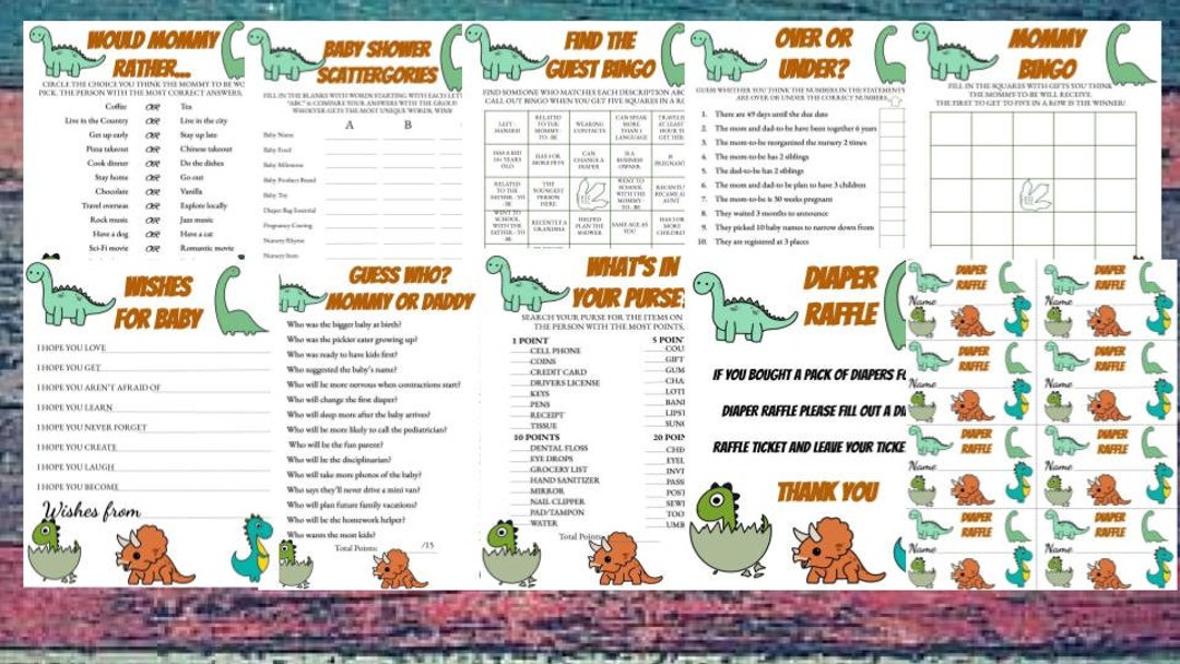 Dinosaur Baby Shower Games, 10 Pack Baby Shower Games, Dinosaur Theme ...