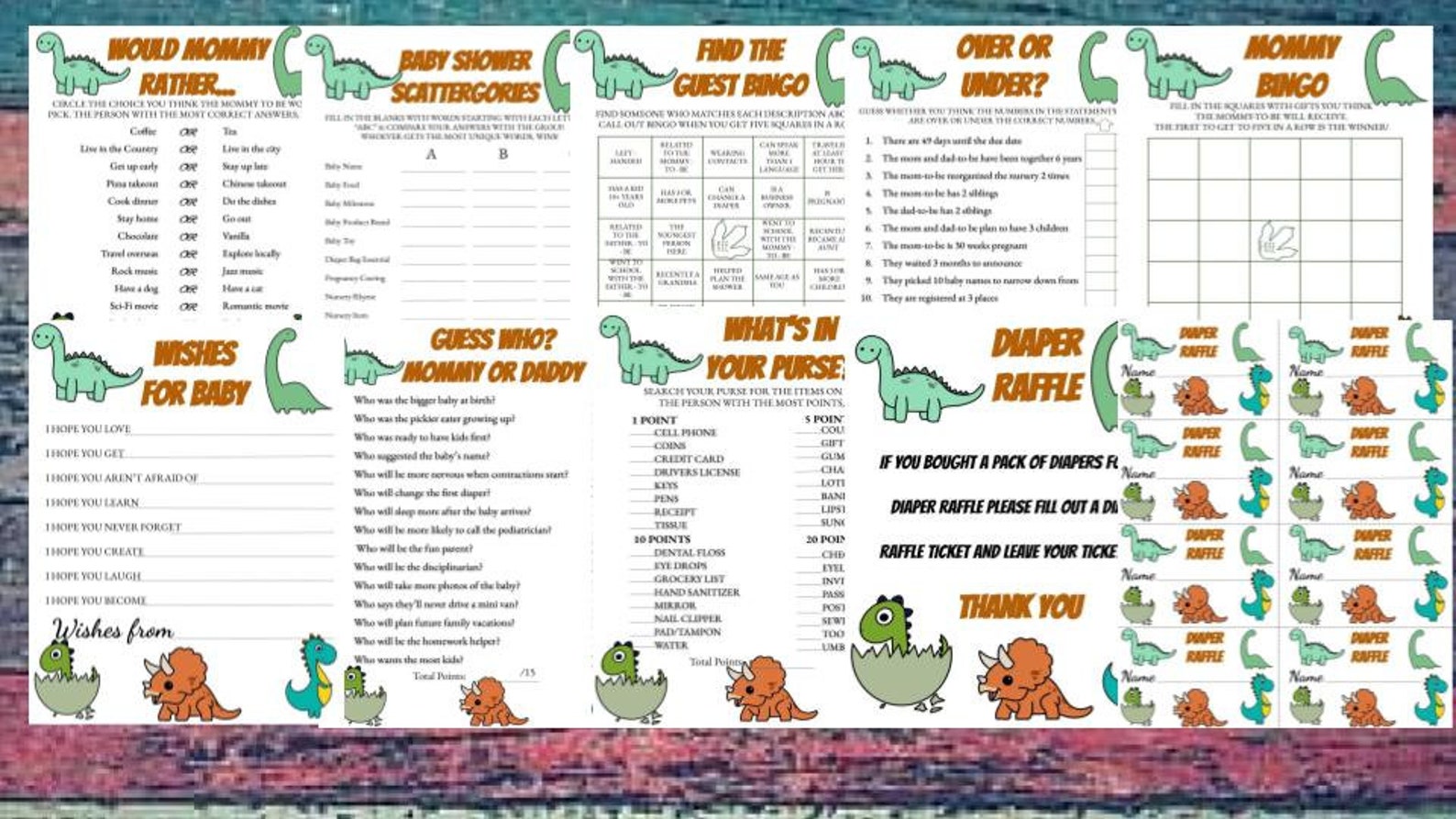 Dinosaur Baby Shower Games, 10 Pack Baby Shower Games, Dinosaur Theme ...