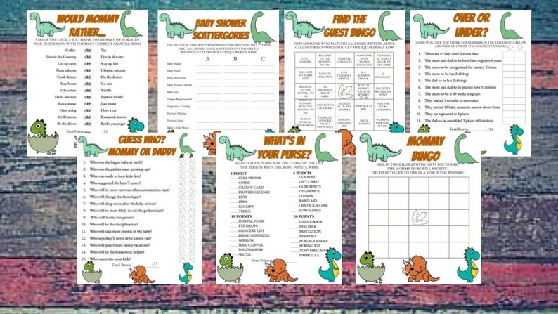 Dinosaur Baby Shower Games, 10 Pack Baby Shower Games, Dinosaur Theme ...