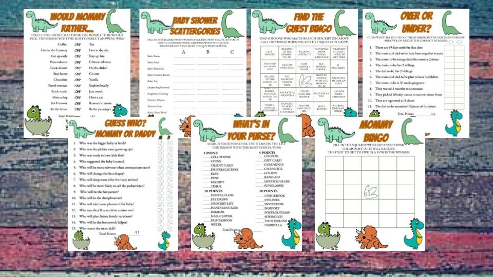 Dinosaur Baby Shower Games, 10 Pack Baby Shower Games, Dinosaur Theme ...