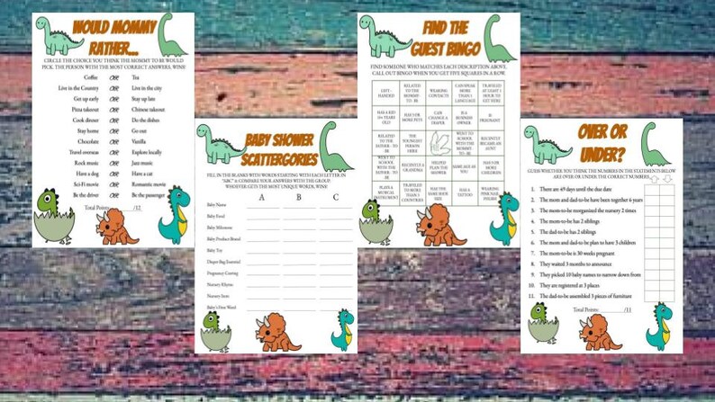 Dinosaur Theme Baby Shower Games 8 Pack, Dinosaur Baby Shower Games ...