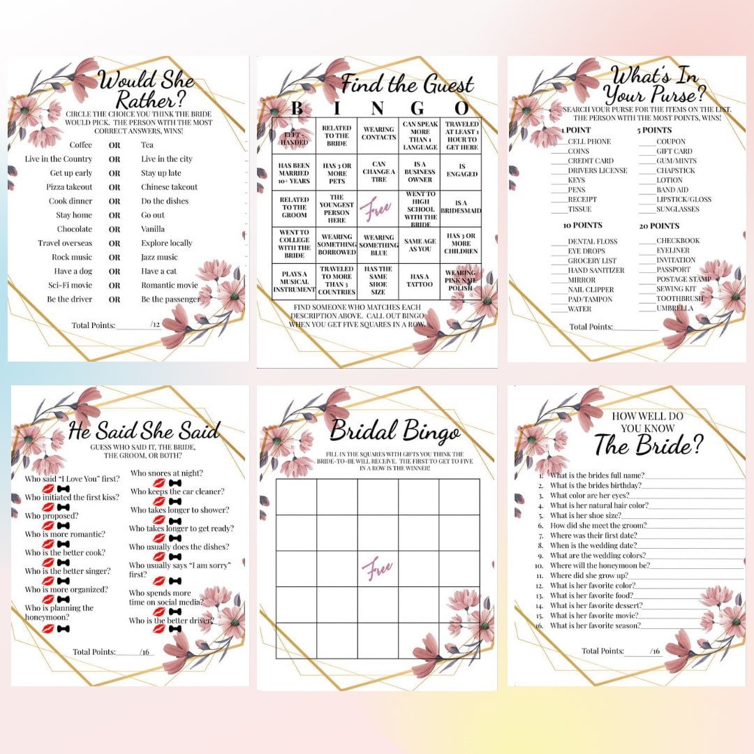 Pink Floral Bridal Shower Games, Pink Floral Framed Bridal Shower Games ...