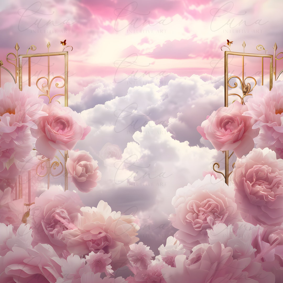 In Loving Memory Funeral Heaven Golden Gates & Beautiful Pink Flowers ...
