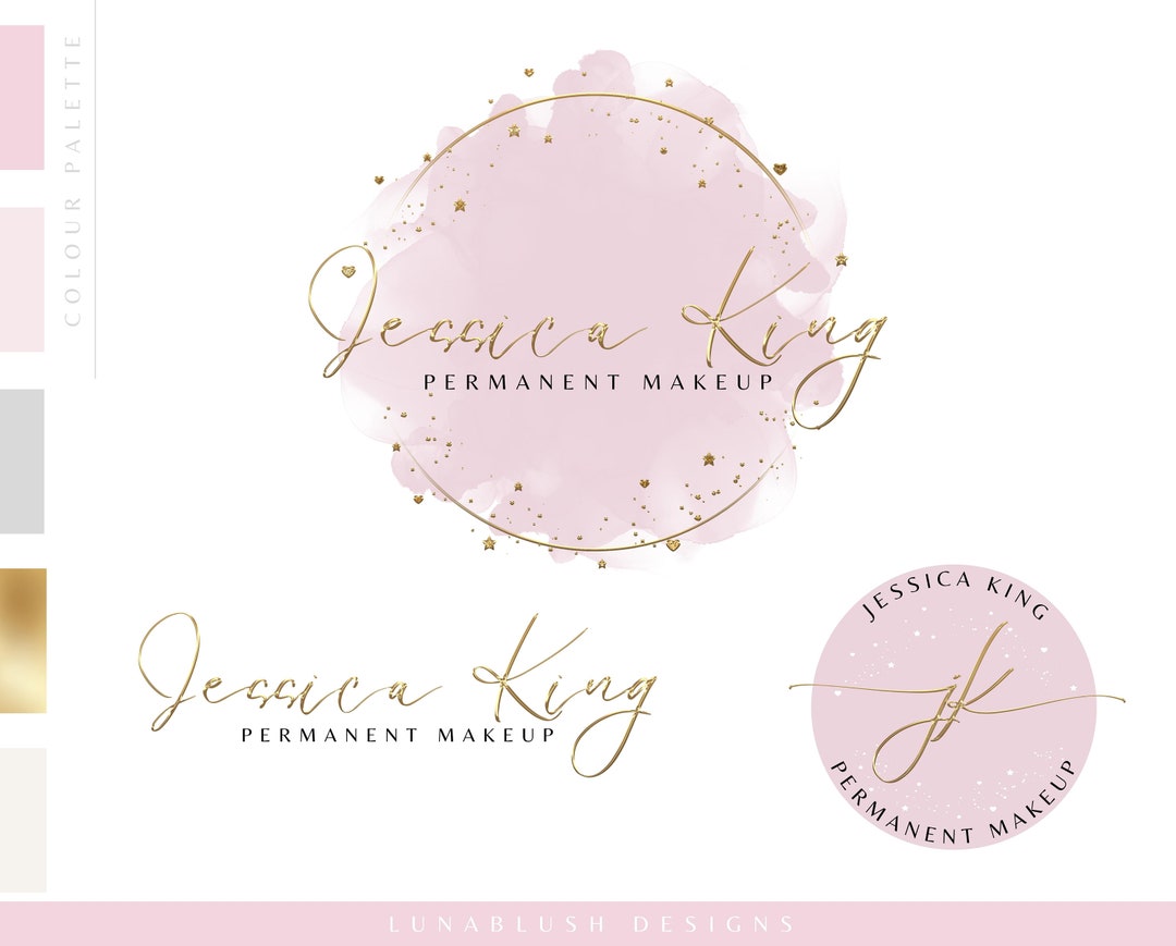Watercolor Gold Logo, Pink Beauty Logo, Signature Logo, Makeup Artist ...