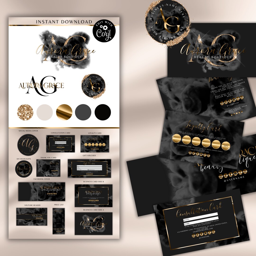 Elegant Black Smoke & Gold Glitter Branding Kit Modern Premade 13 ...