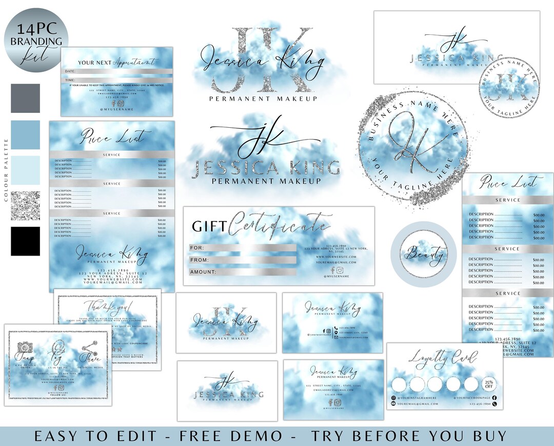 14 PC KIT Watercolor Blue and Silver Logo, Blue Beauty Logo, Signature ...