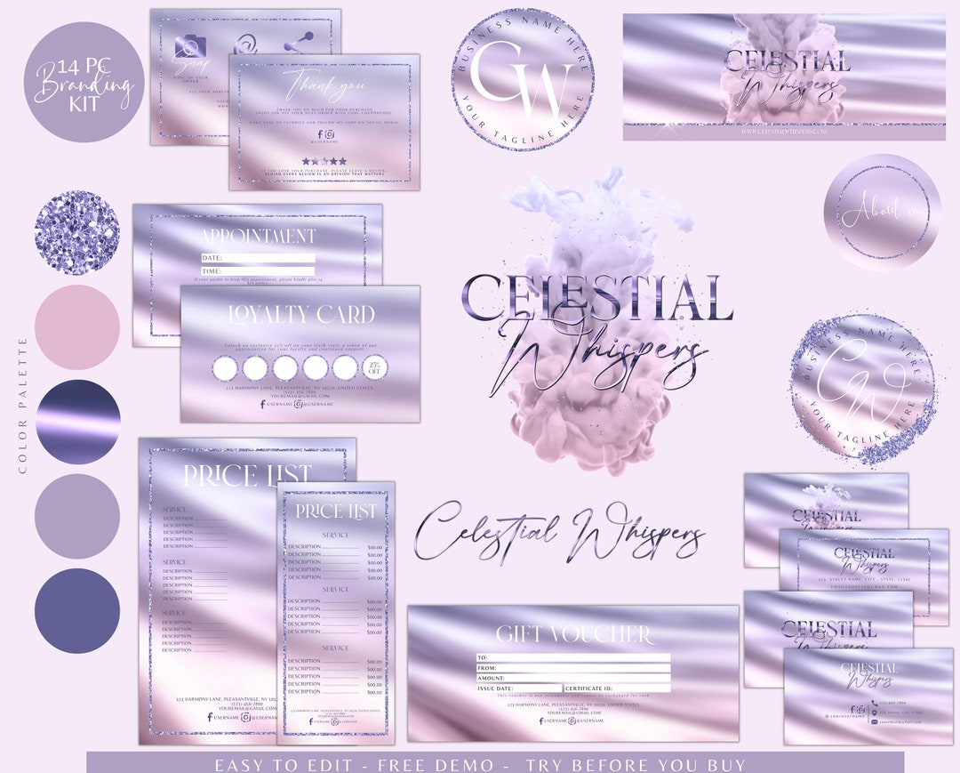 Editable 14pc Celestial Whispers, Purple Logo, Purple Branding Bundle ...