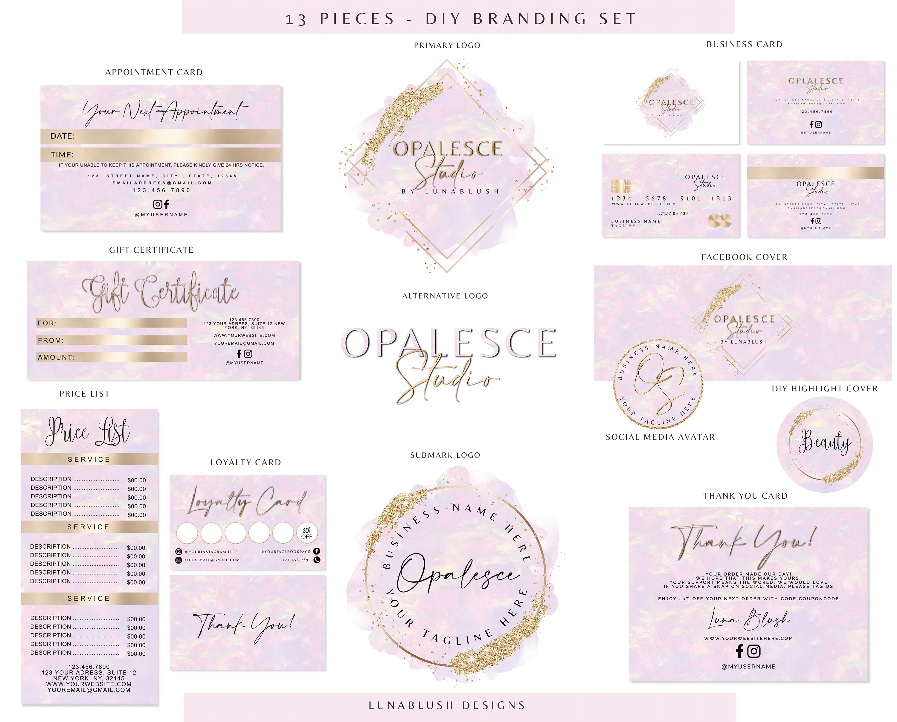 Opal Pink & Gold Logo Full Branding Kit Editable 13 PC Logo - Etsy