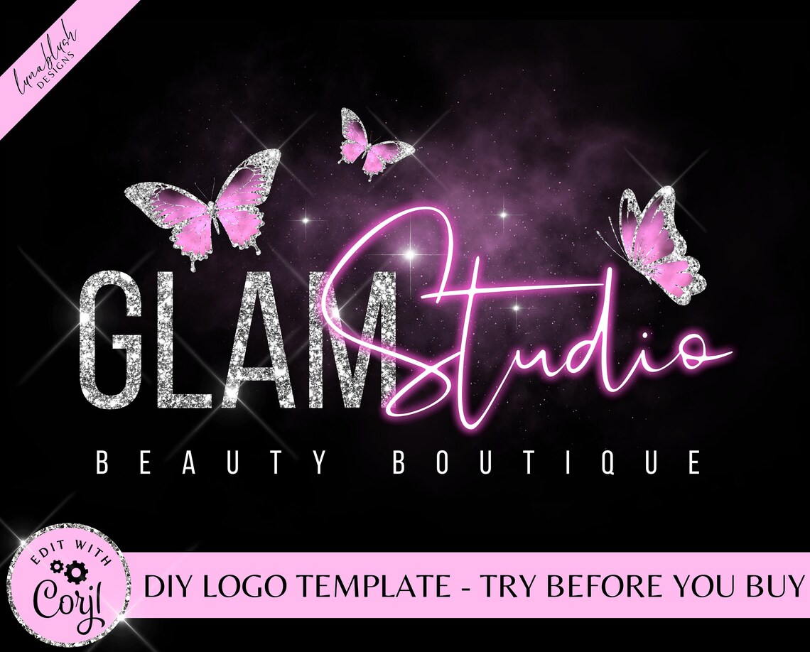DIY Pink Glitter Logo, Customizable Pink Glitter, Butterfly Logo ...