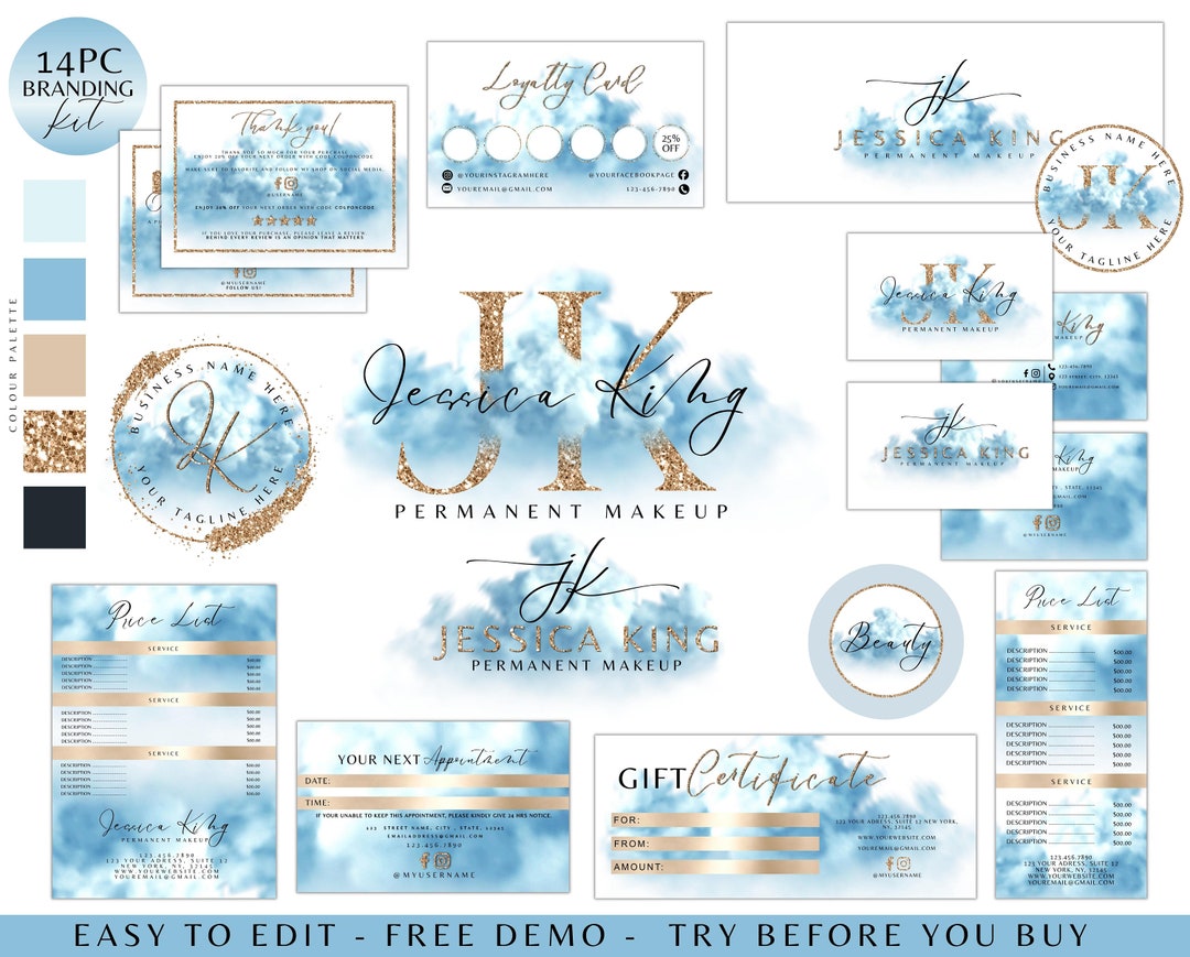 14 PC KIT Watercolor Blue and Gold Logo, Blue Beauty Logo, Signature ...