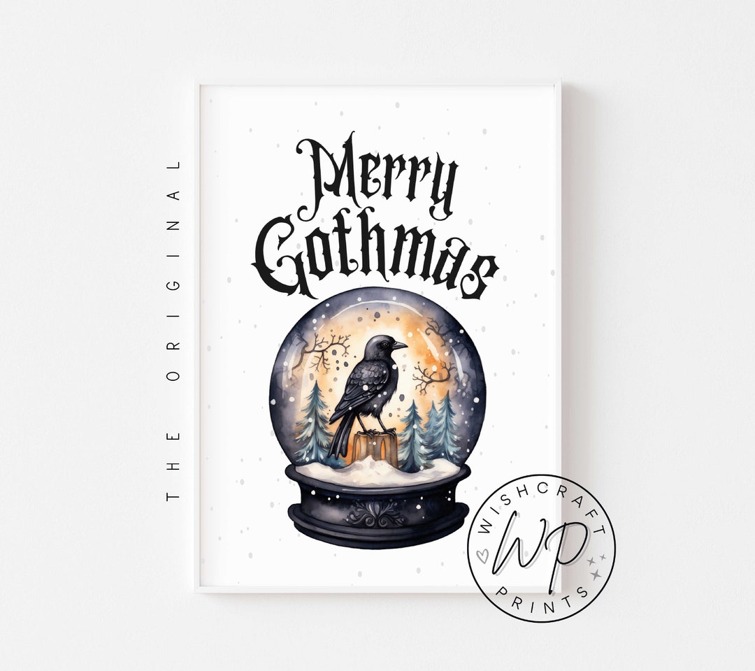 Merry Gothmas Dark Christmas Print Black Watercolour Snowglobe Raven ...
