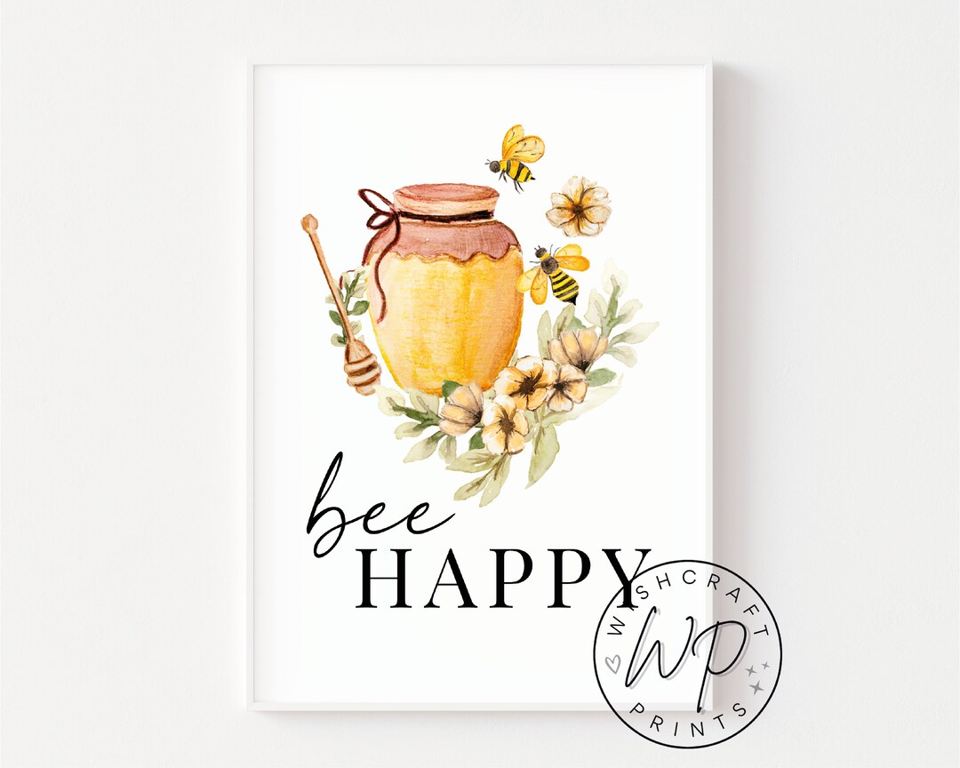 Bee Happy Quote Print Watercolour Spring Wall Art Decor 6x4, 7x5, A4 or ...