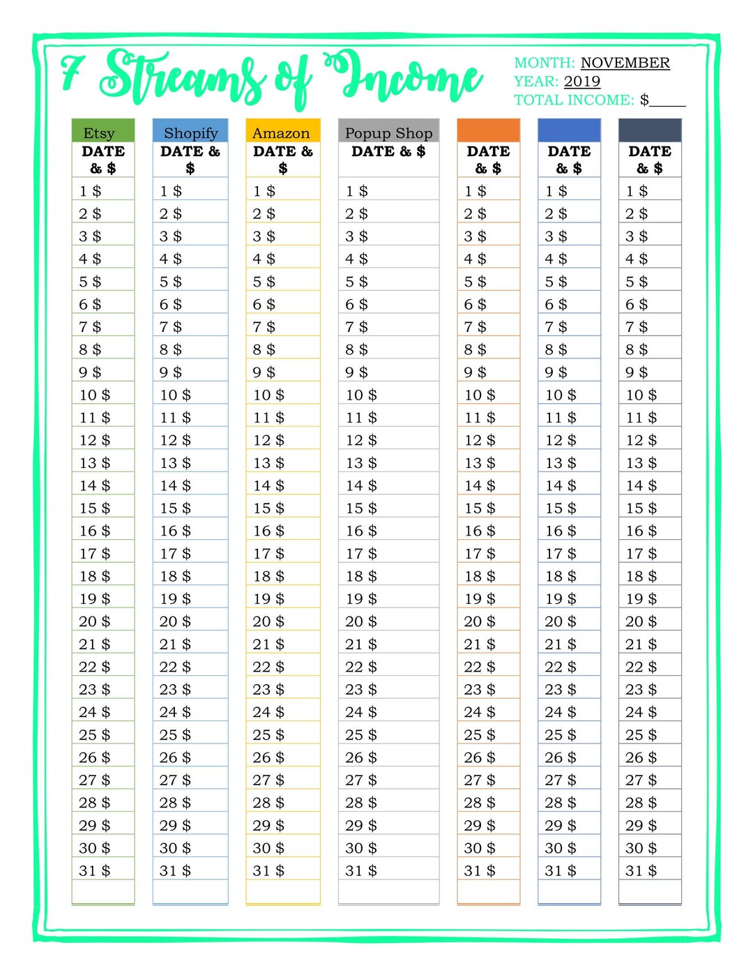 7 Streams of Income Worksheet Track Your Income for A Month - Etsy