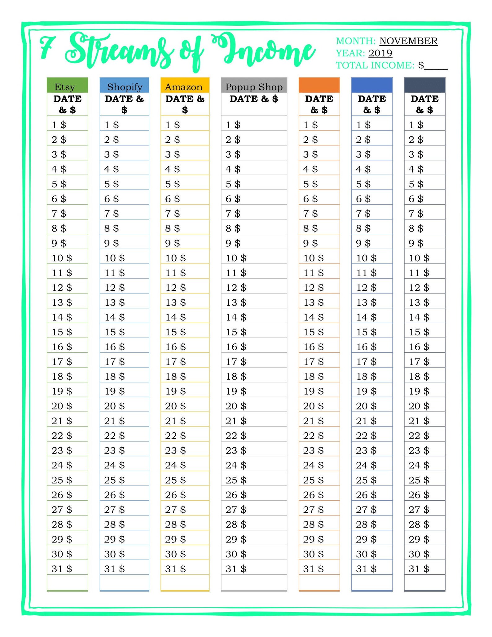 7 Streams of Income Worksheet Track Your Income for A Month - Etsy