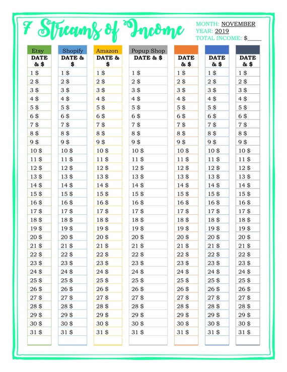 Calendars & Planners Paper 7 Streams of Income Worksheet Income Tracker ...