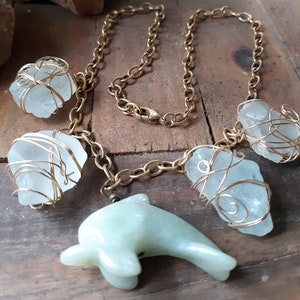 Mermaid Beauty Jade Dolphin and Sea Glass Necklace With Gold Wire Wrap ...