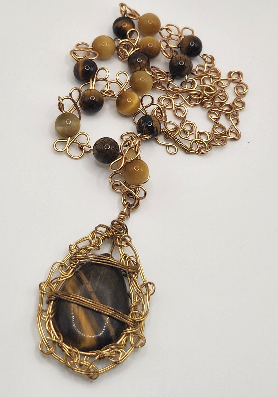 Tiger's Eye Pendant Necklace With Gold Color Chain and Wirework, Brown ...
