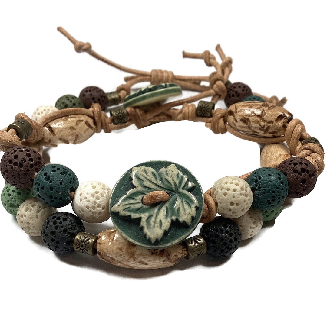Leather Stack Bracelets Have Lava Beads and Decorative Buttons in ...