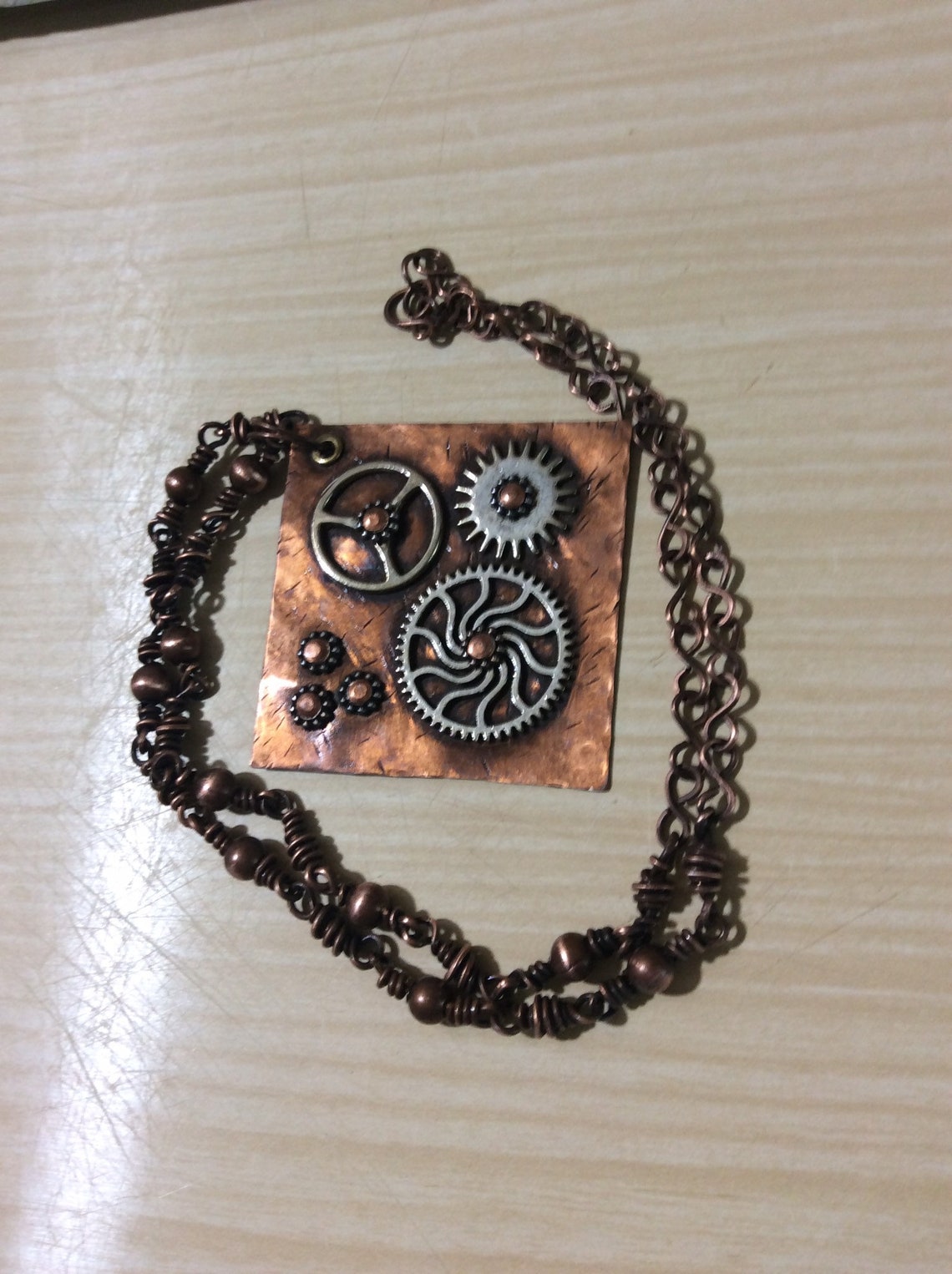 Steampunk Necklace With Gears, Handmade Chain, and a Copper Pendant in ...