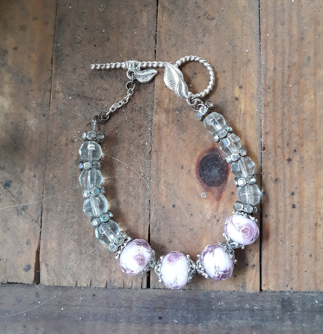 Pink Rose and Crystal Bracelet - Etsy