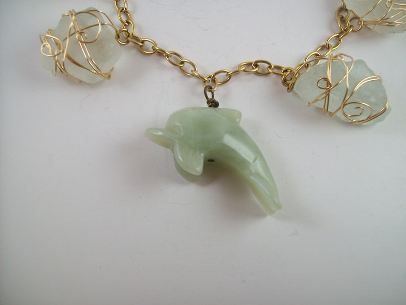 Mermaid Beauty Jade Dolphin and Sea Glass Necklace With Gold Wire Wrap ...