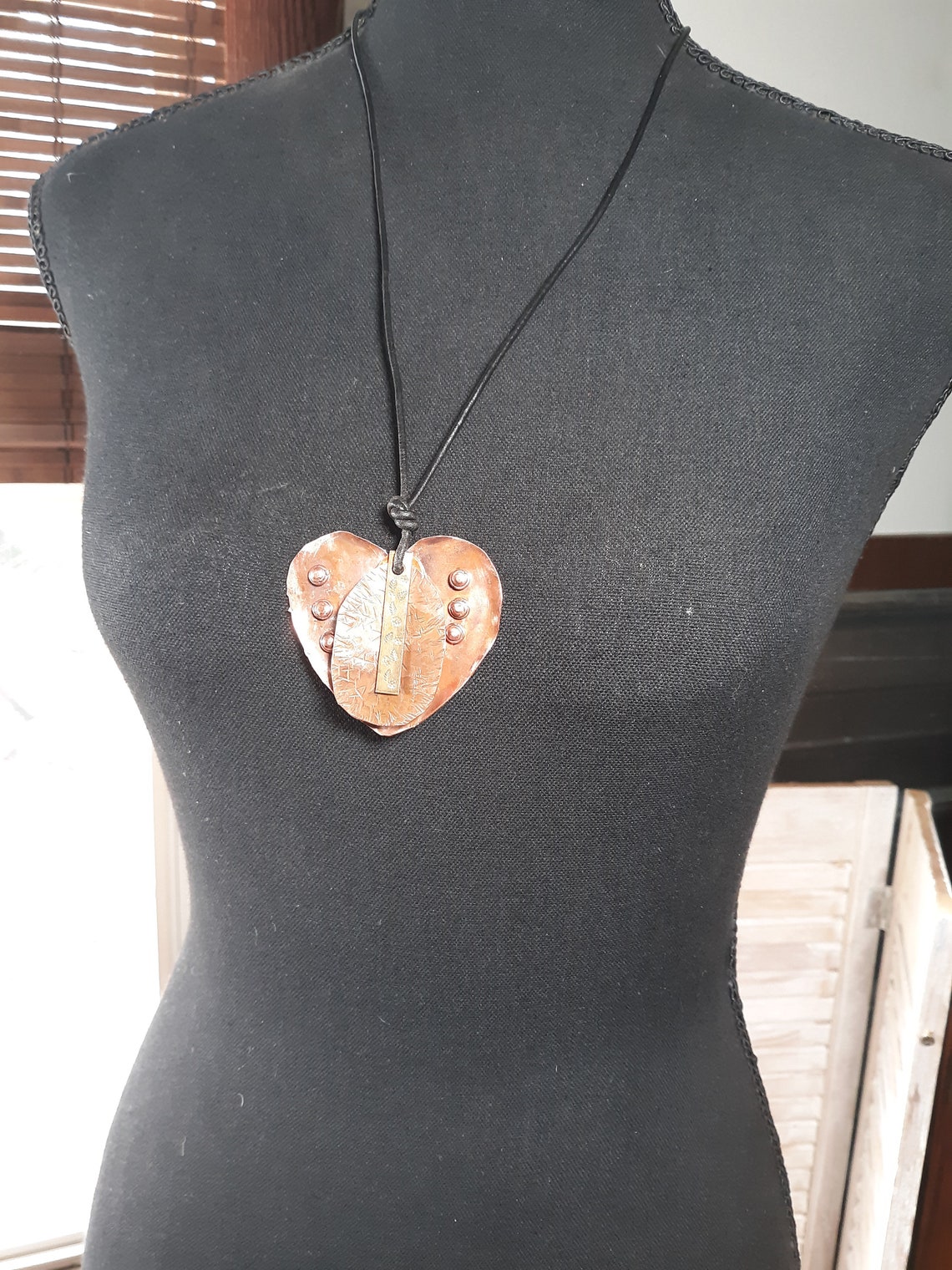 Copper Heart Pendant on a Leather Cord, Texturized Heart Pendant ...