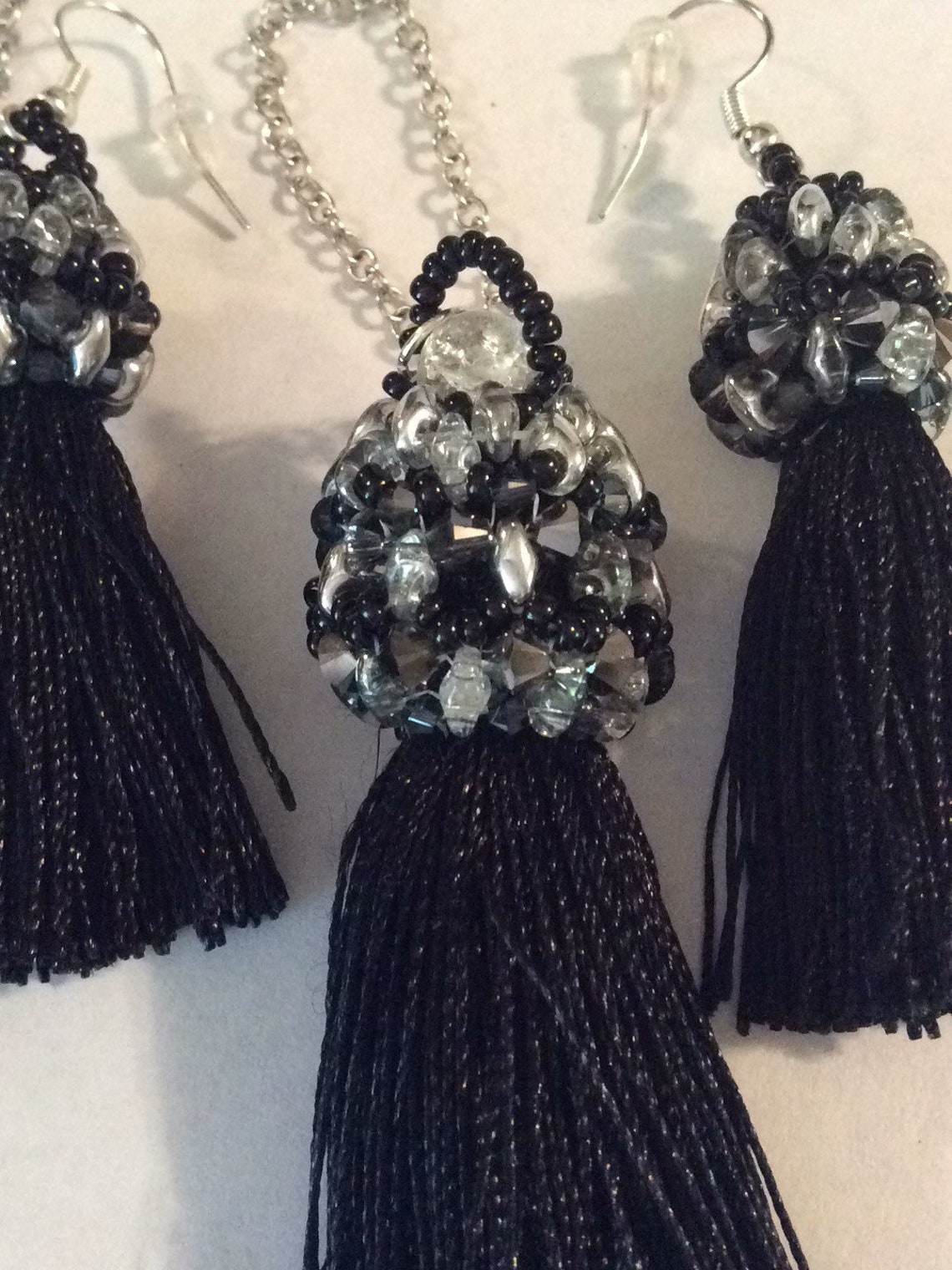 Black Tassel Fringe Necklace and Earrings With Crystals ,silver Tone ...