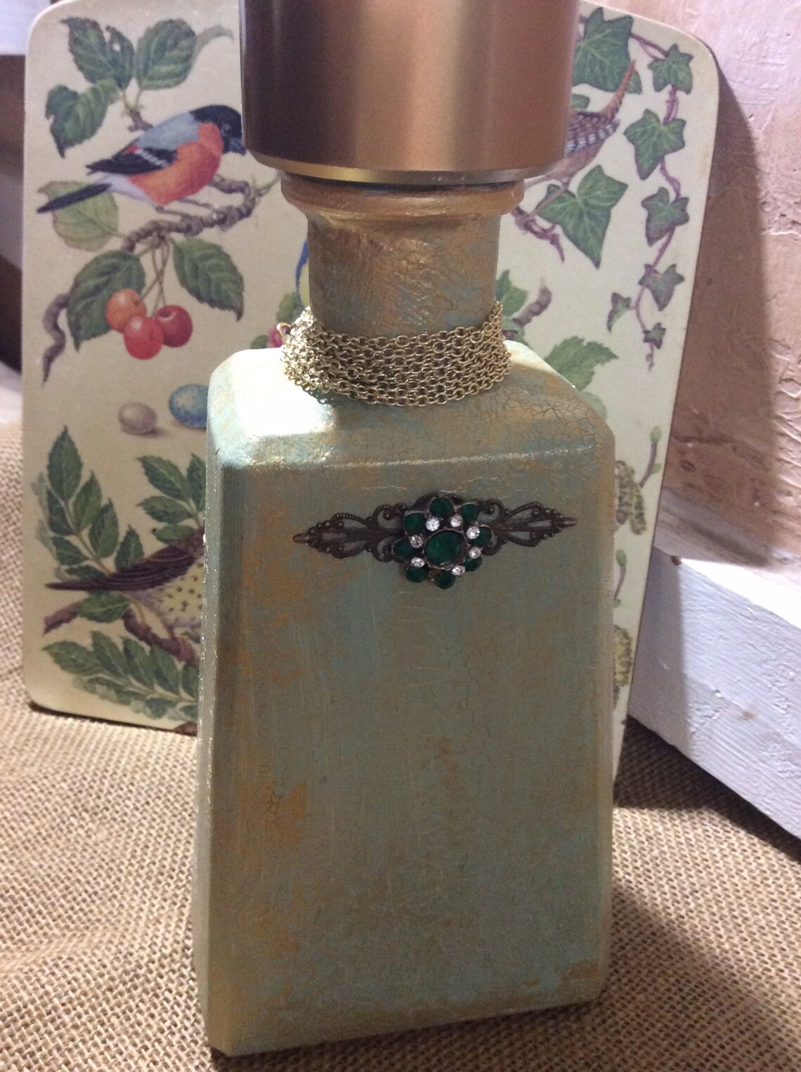 Green and Gold Altered Decorated Tequila Bottle, Crackle Finish, Green ...