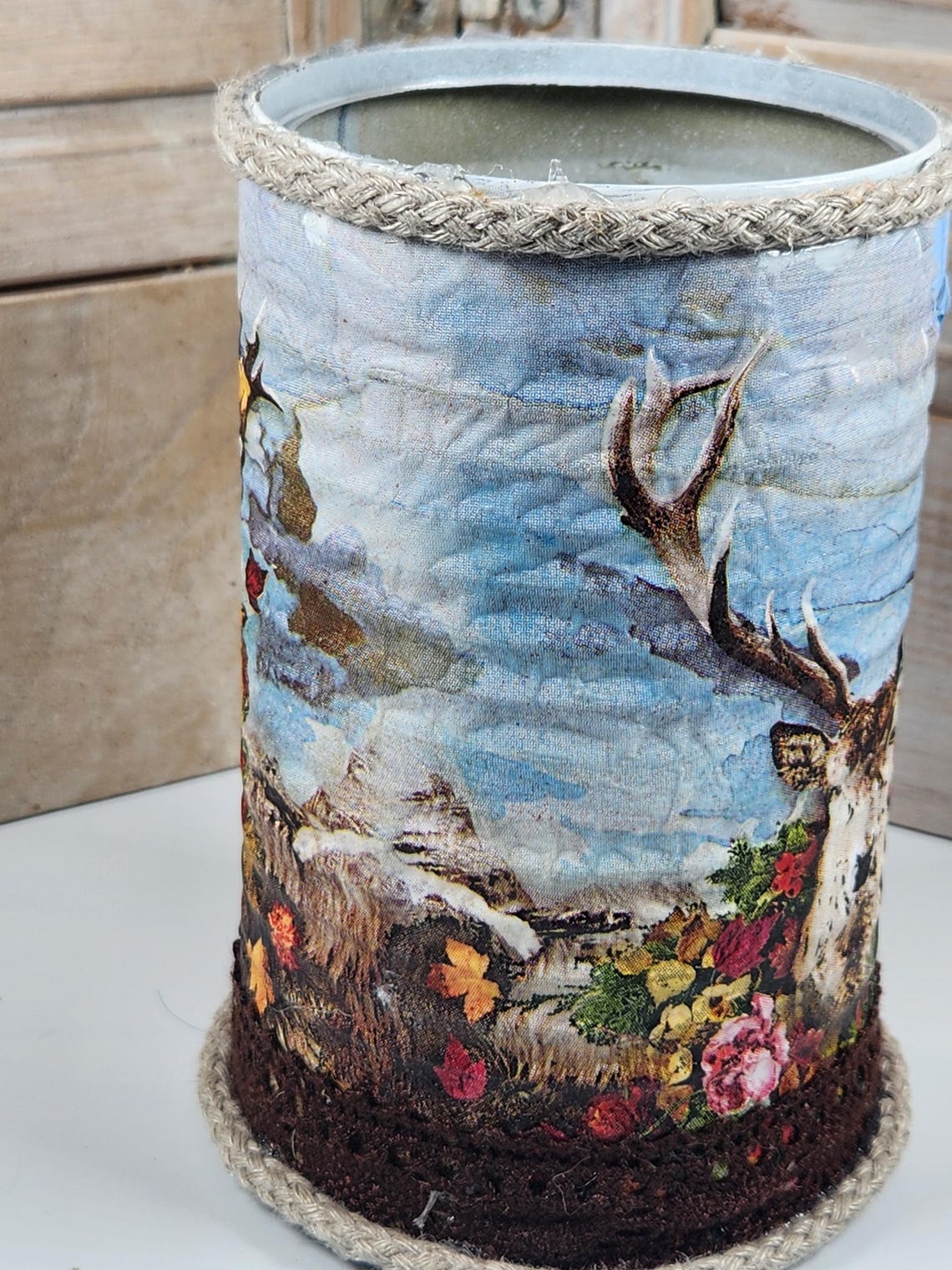 Altered Tin Can, It Features a Lovely Deer, Decoupaged, Trimmed ...