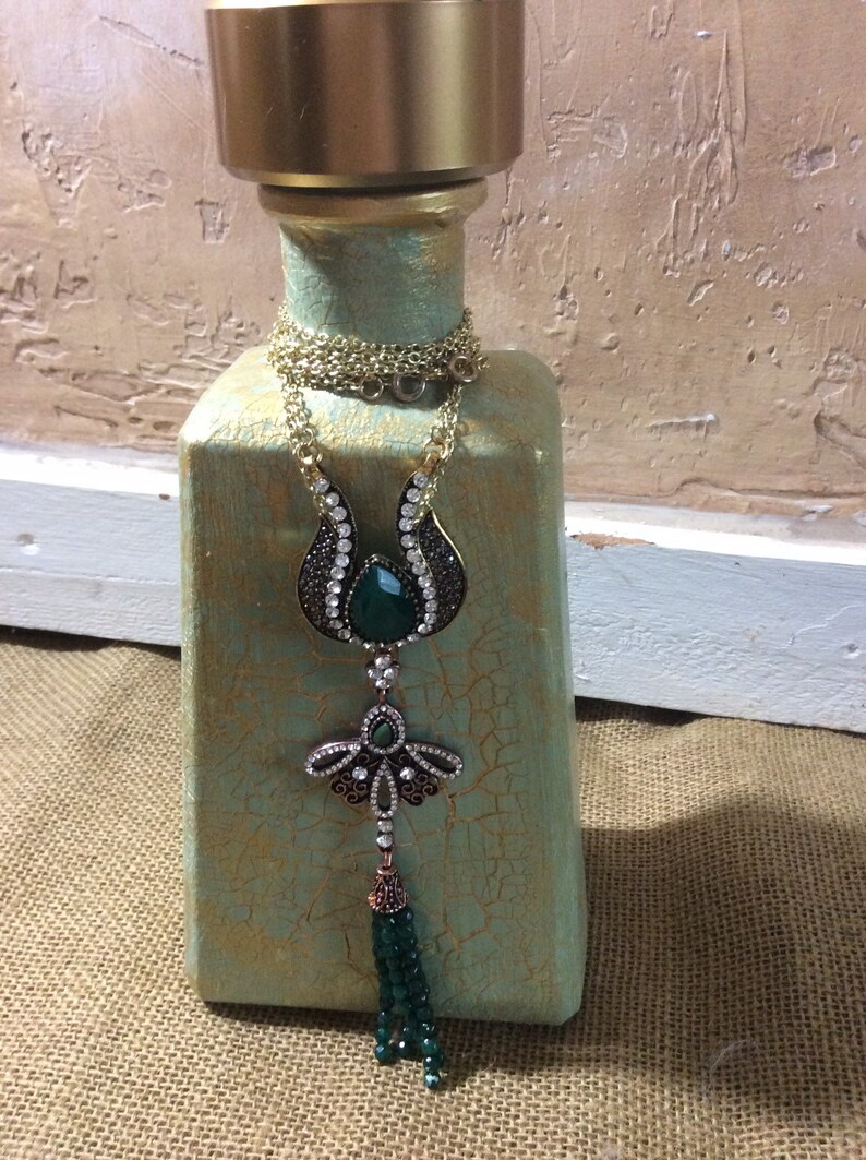 Green and Gold Altered Decorated Tequila Bottle, Crackle Finish, Green ...
