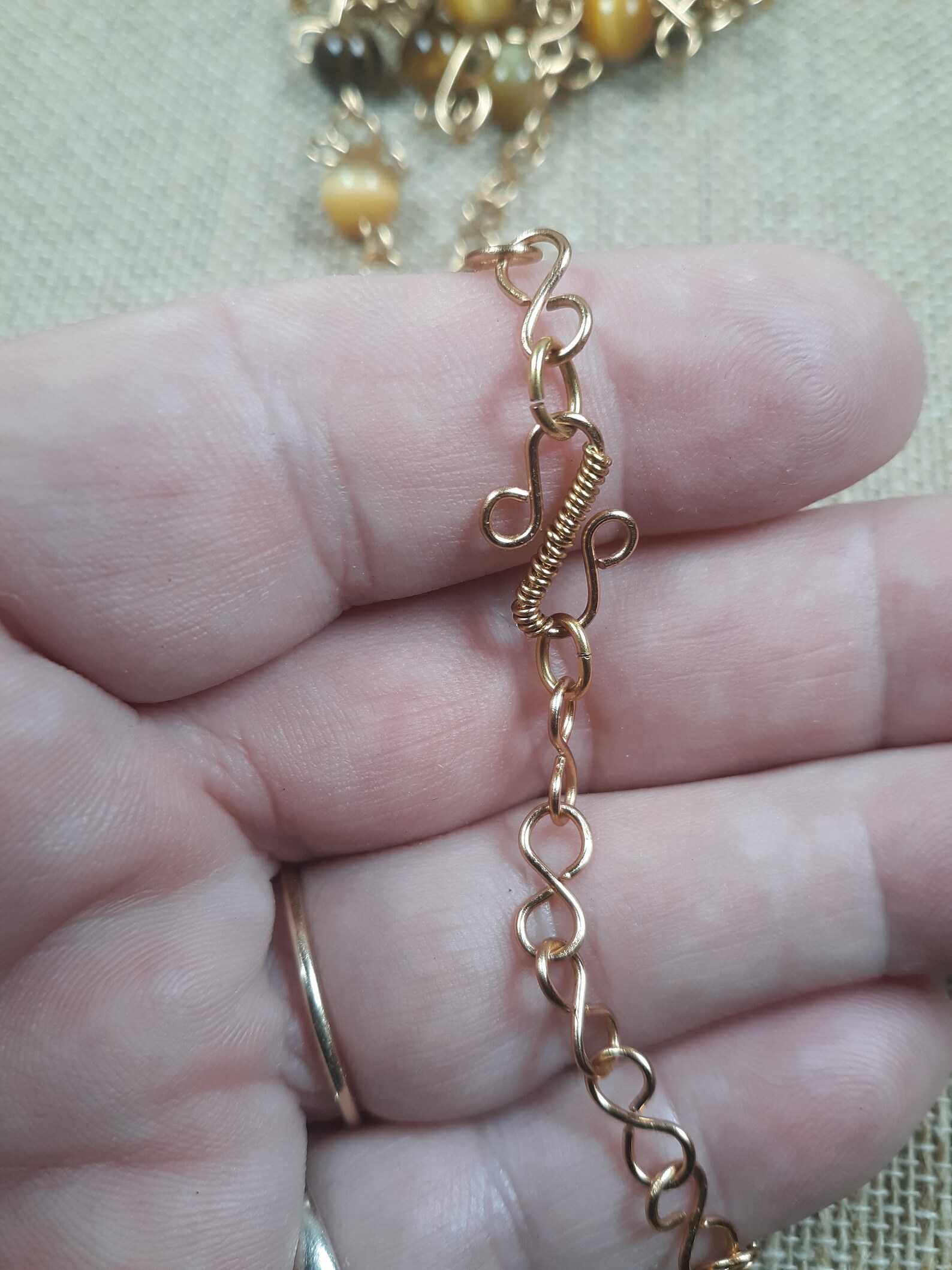 Tiger's Eye Pendant Necklace With Gold Color Chain and Wirework, Brown ...