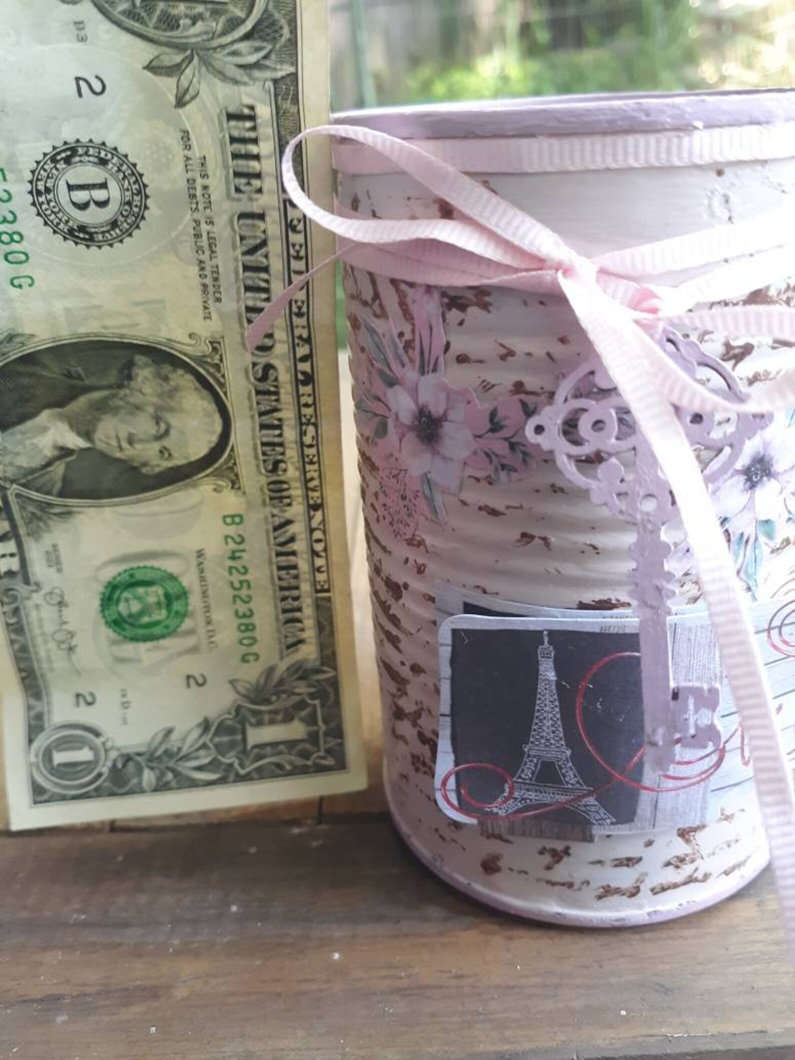 Reclaimed Altered Tin Can Art, Decoupaged Tin Can, Pink, Altered, Brush ...