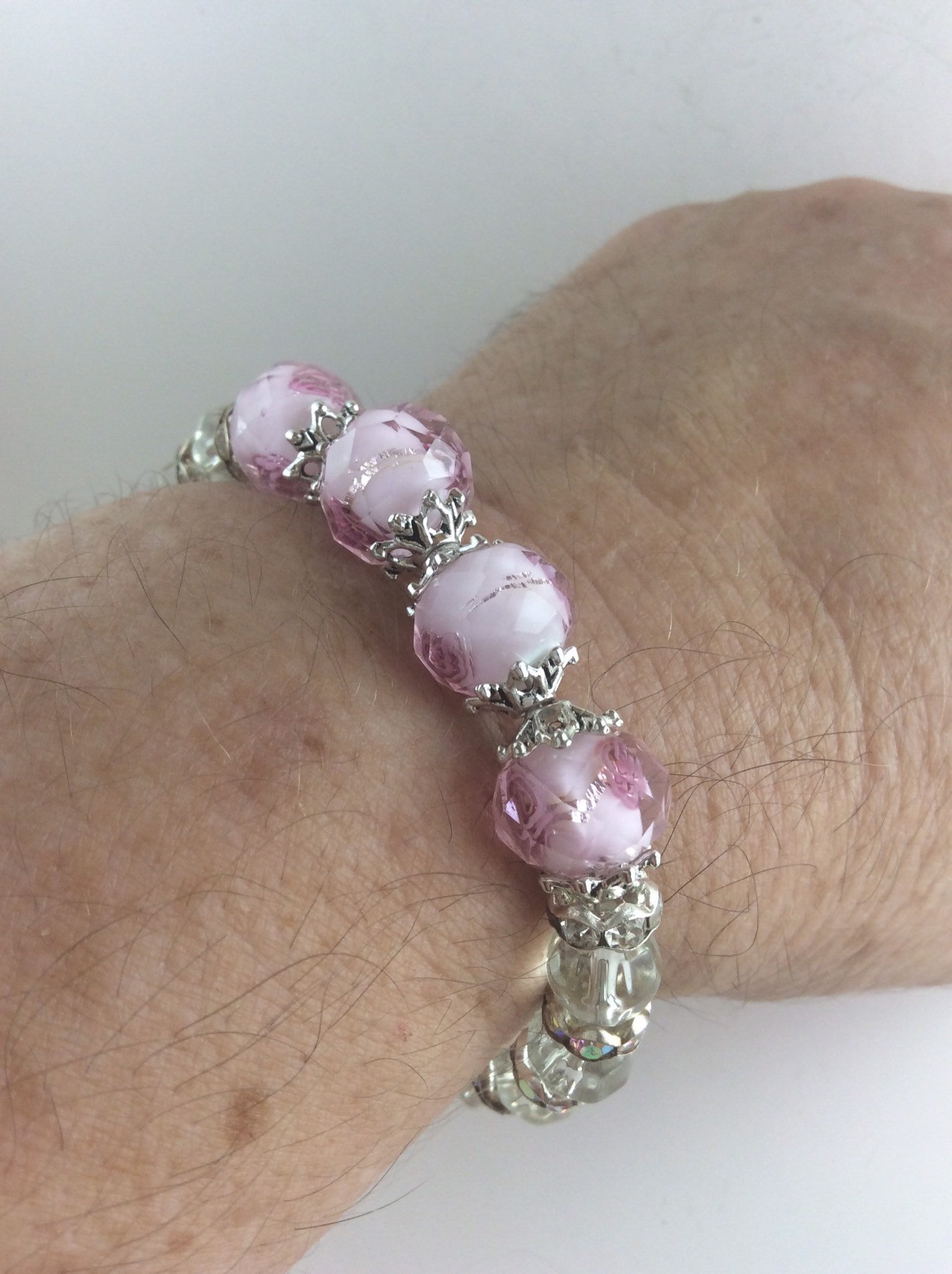 Pink Rose and Crystal Bracelet - Etsy