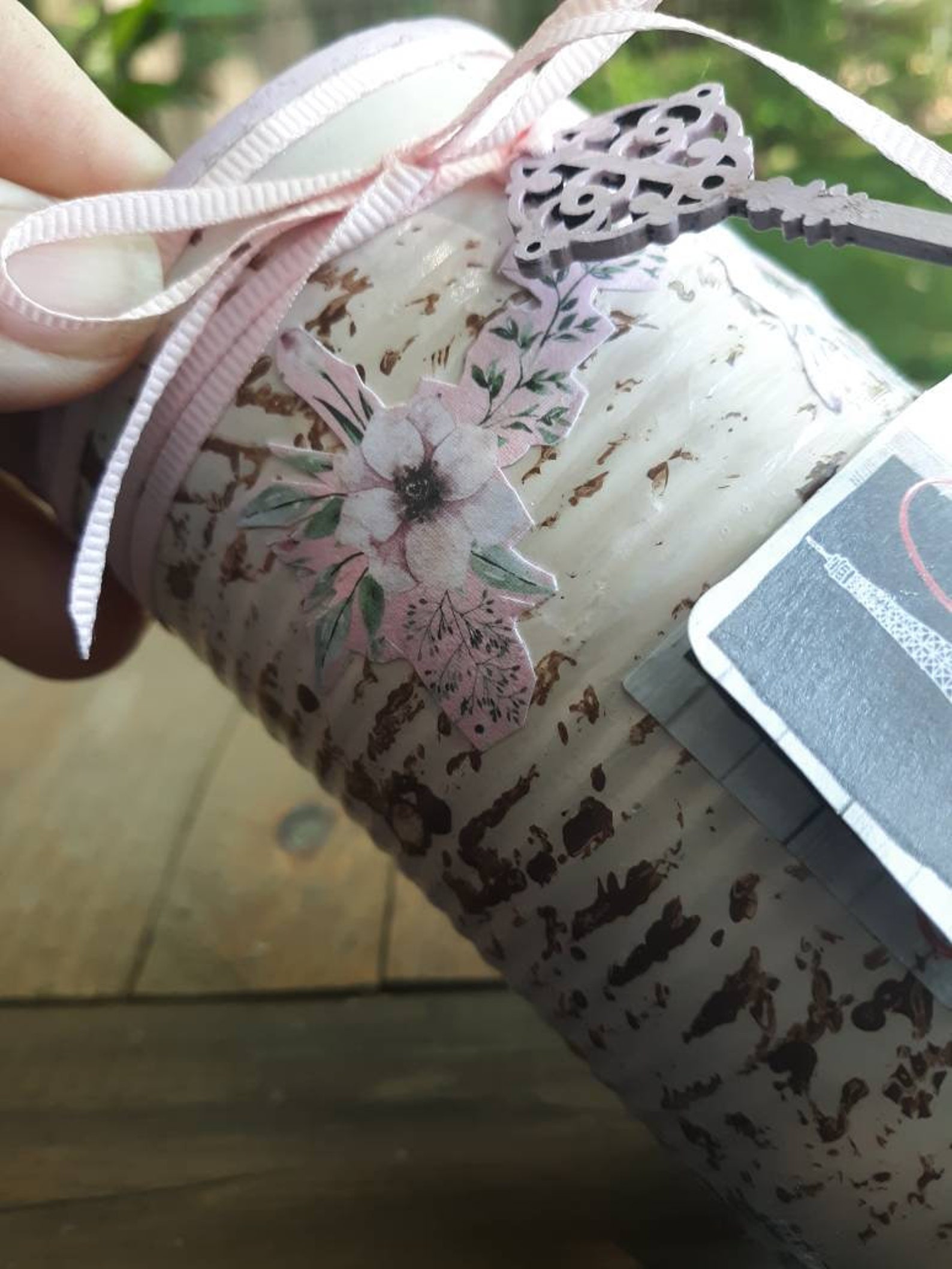 Reclaimed Altered Tin Can Art, Decoupaged Tin Can, Pink, Altered, Brush ...