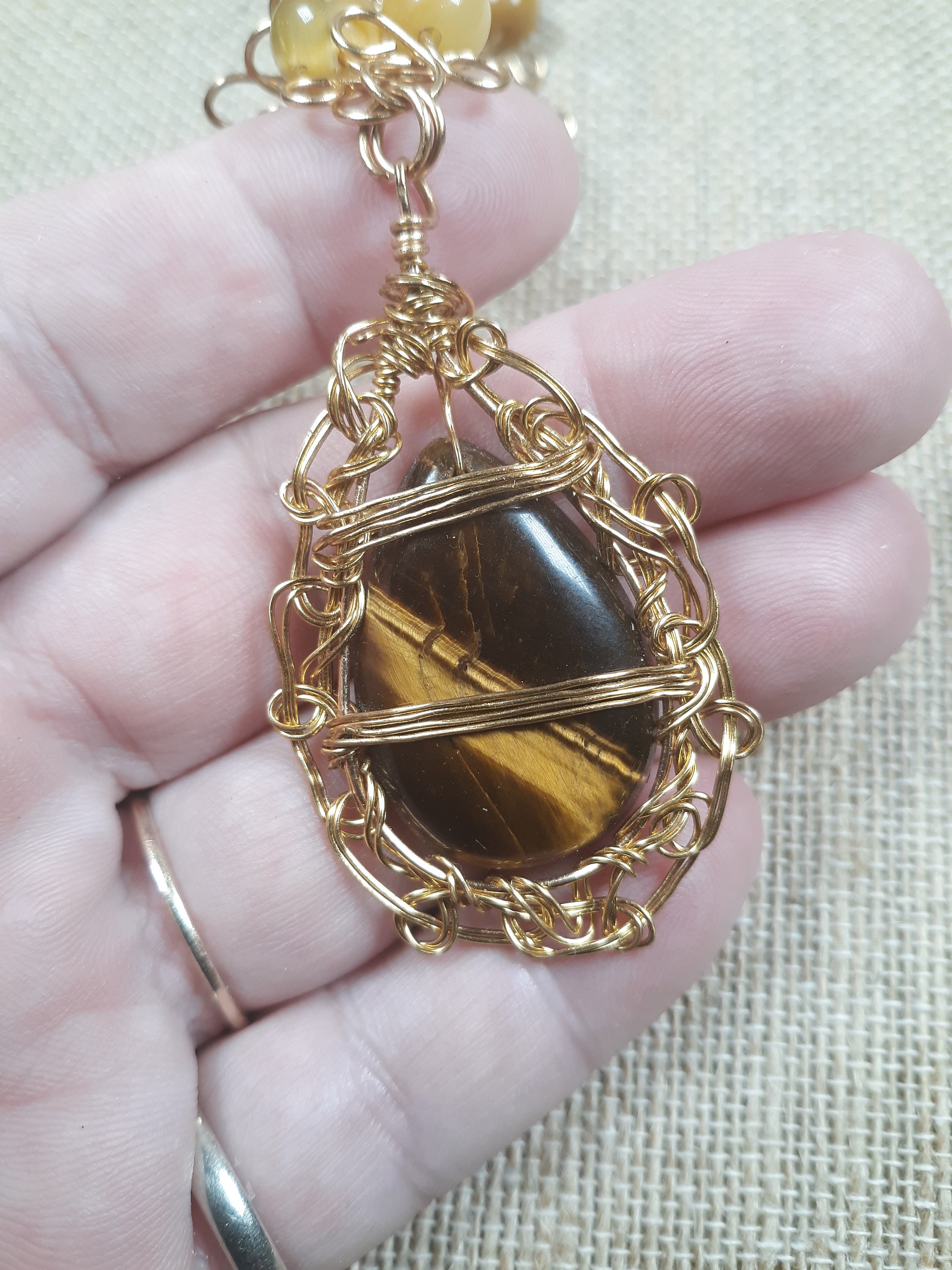 Tiger's Eye Pendant Necklace With Gold Color Chain and Wirework, Brown ...