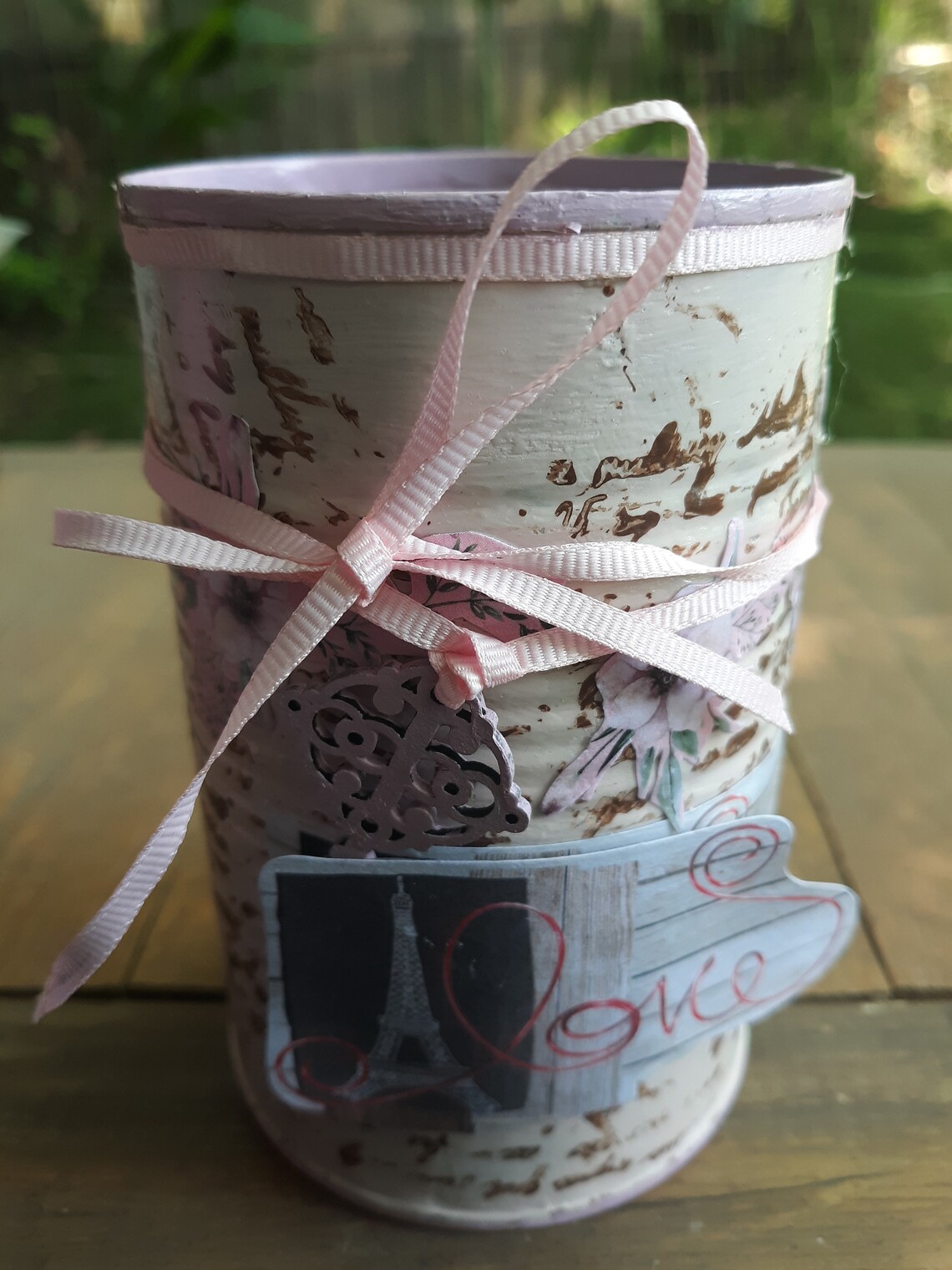 Reclaimed Altered Tin Can Art, Decoupaged Tin Can, Pink, Altered, Brush ...