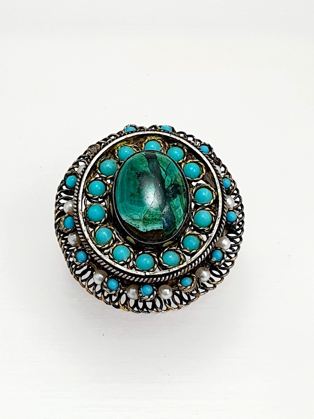 Vintage Green Eilat Stone Turquoise Pearl Brooch Pin Pendant Handmade ...