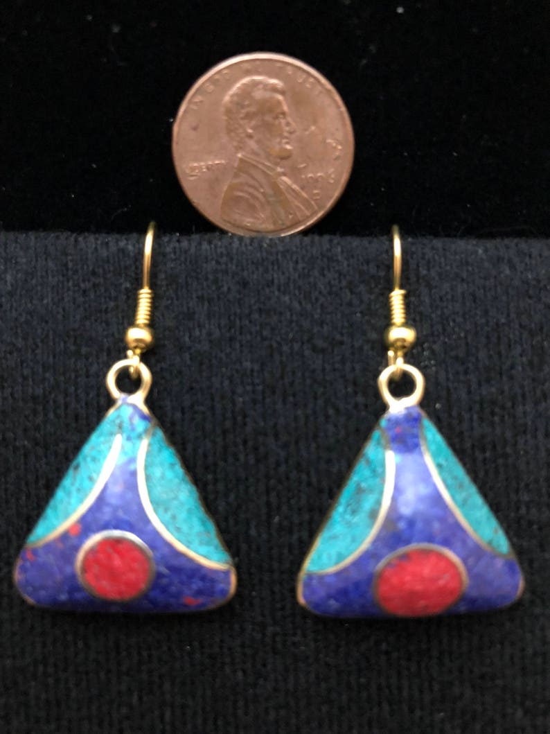 Triangle Unity Earrings With Natural Stones: Red Coral, Lapis Lazuli ...