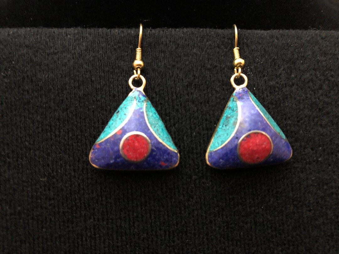 Triangle Unity Earrings With Natural Stones: Red Coral, Lapis Lazuli ...