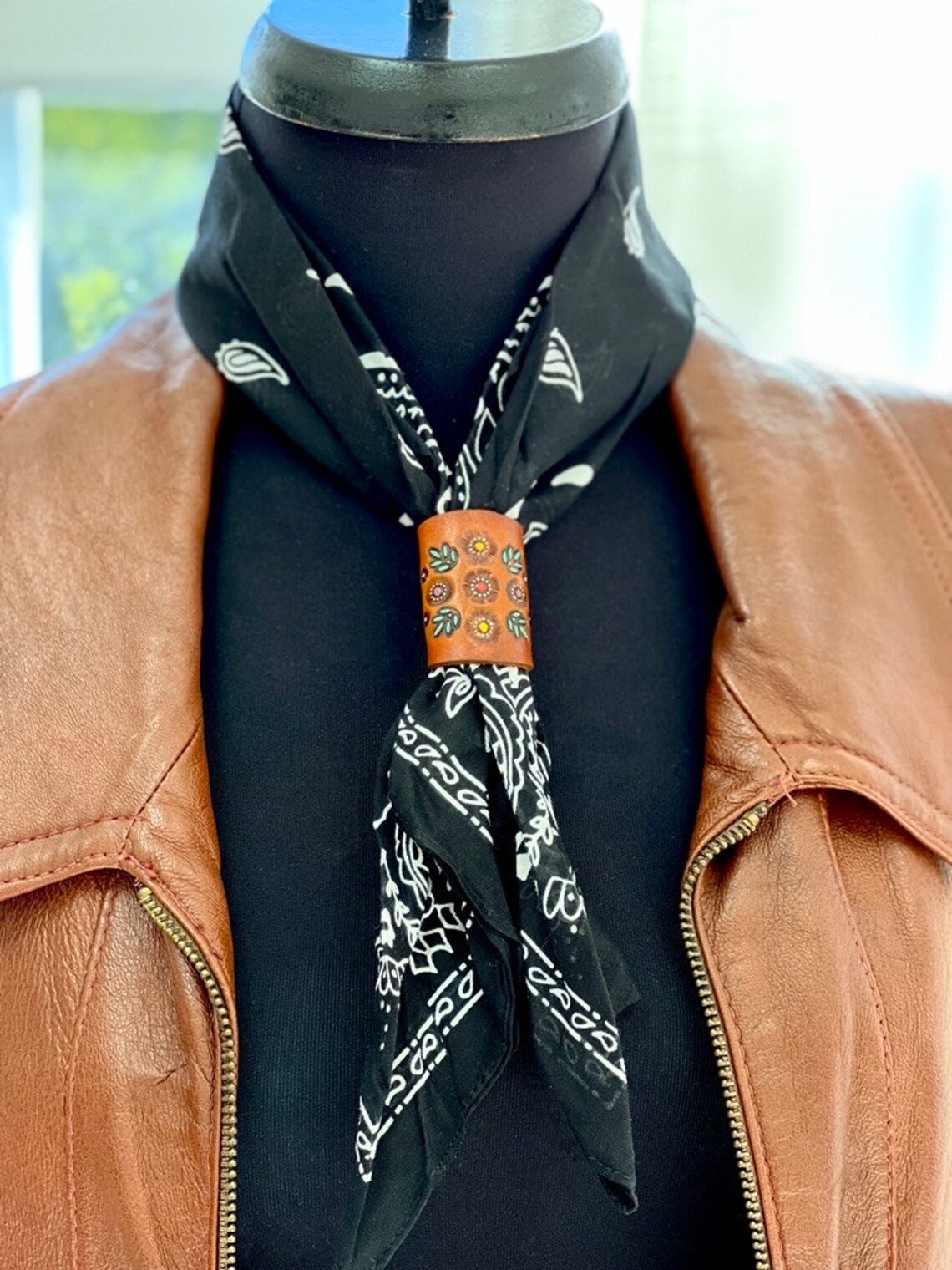 Hand Painted Retro Floral Stamped Leather Bandana Slide With Snaps Hand ...