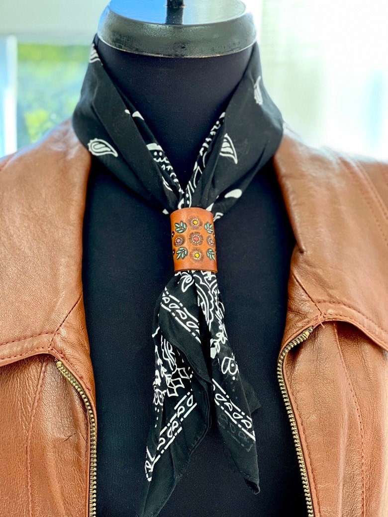 Hand Painted Retro Floral Stamped Leather Bandana Slide With Snaps Hand ...