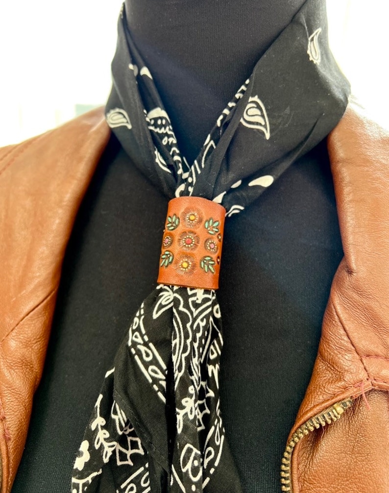 Hand Painted Retro Floral Stamped Leather Bandana Slide With Snaps Hand ...