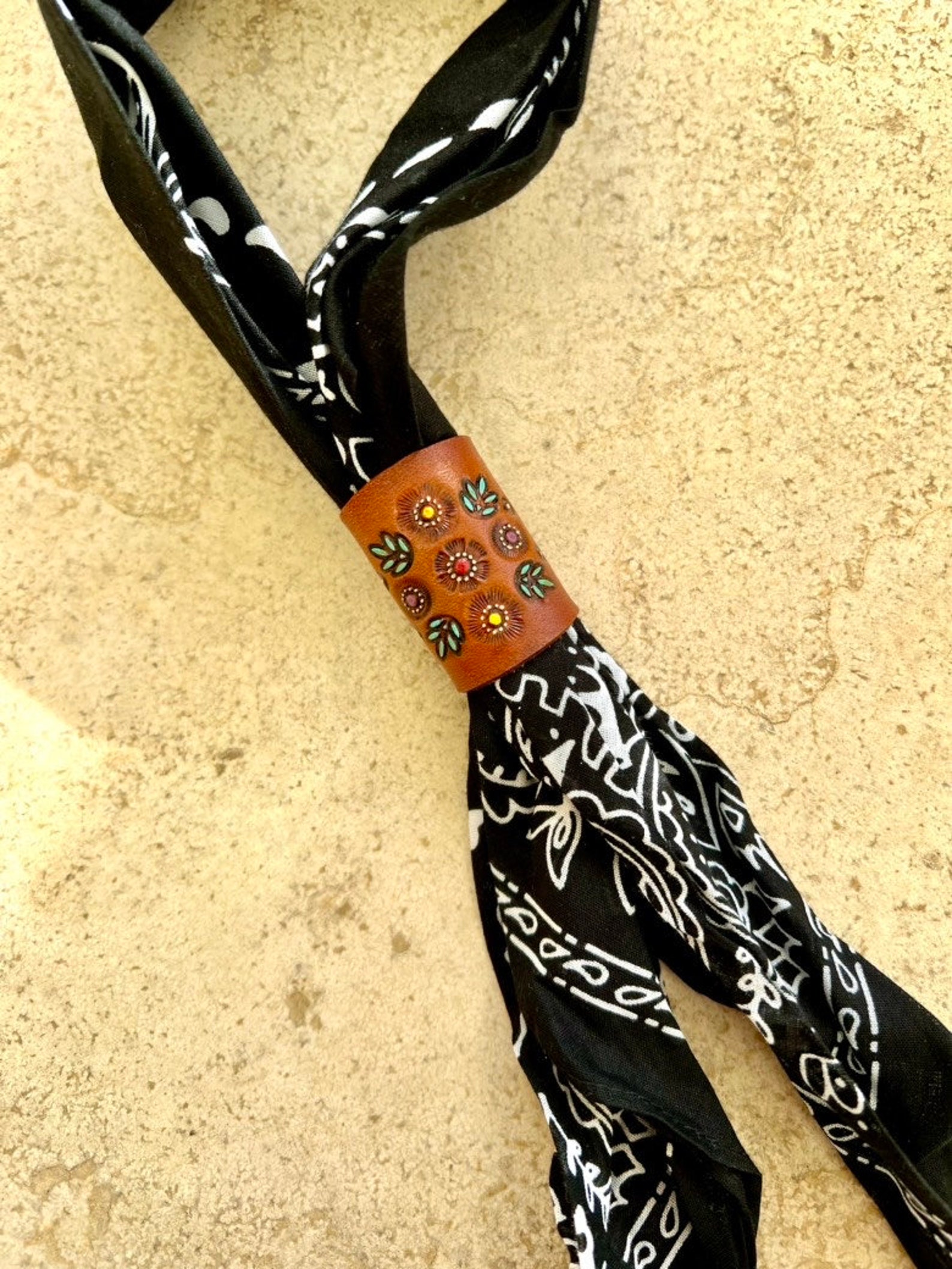 Hand Painted Retro Floral Stamped Leather Bandana Slide With Snaps Hand ...